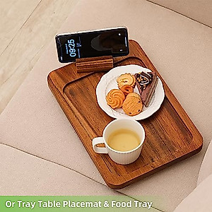 GEHE Acacia Wood Couch Arm Table, Folding Sofa Arm Table with 360 Rotating Phone Bracket, Wooden Couch Arm Tray for Small Spaces, Sofa table for Eating and Drinking, Back Non-slip Pad