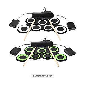 LokFy Electronic Drum Set Roll Up Drum Pad Portable, with Headphone Jack, Foot Pedals and Drum Sticks, Gift for Beginner (Green)