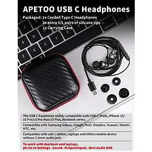 USB C Headphones for Samsung S24 S23 Ultra S22 S21 FE S20 A54 A53 Note 20 10+ Wired Earbuds Noise Canceling in-Ear Type C Earphone with Microphone Stereo Bass for iPhone 15 16 Pixel 8 7 6, Metal-Grey