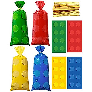 100 Pack Building Block Cellophane Treat Bags Treat Brick Themed Candy Bags Assorted Brick Cello Goodie Bags Thick Brick Gift Bags Cookie Brick Themed Bags with 100 Twist Ties for Party Supplies