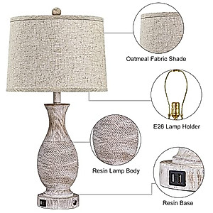 26.5" Farmhouse Table Lamp for Living Room, Rustic Touch Bedside Table Lamp Set of 2 with USB Charging Ports,3-Way Dimmable Nightstand Lamps for Bedroom,Oatmeal Linen Lampshade,LED Bulbs Included