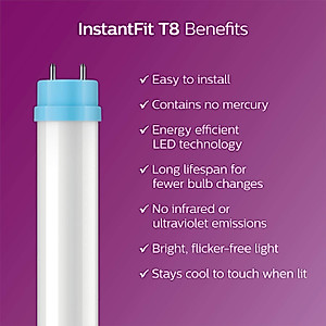 Philips LED InstantFit 4-Foot T8 Tube Light Bulb 1800-Lumen, Cool White (4000K), 16W=32W, Medium Bi-Pin G13 Base, 8-Pack