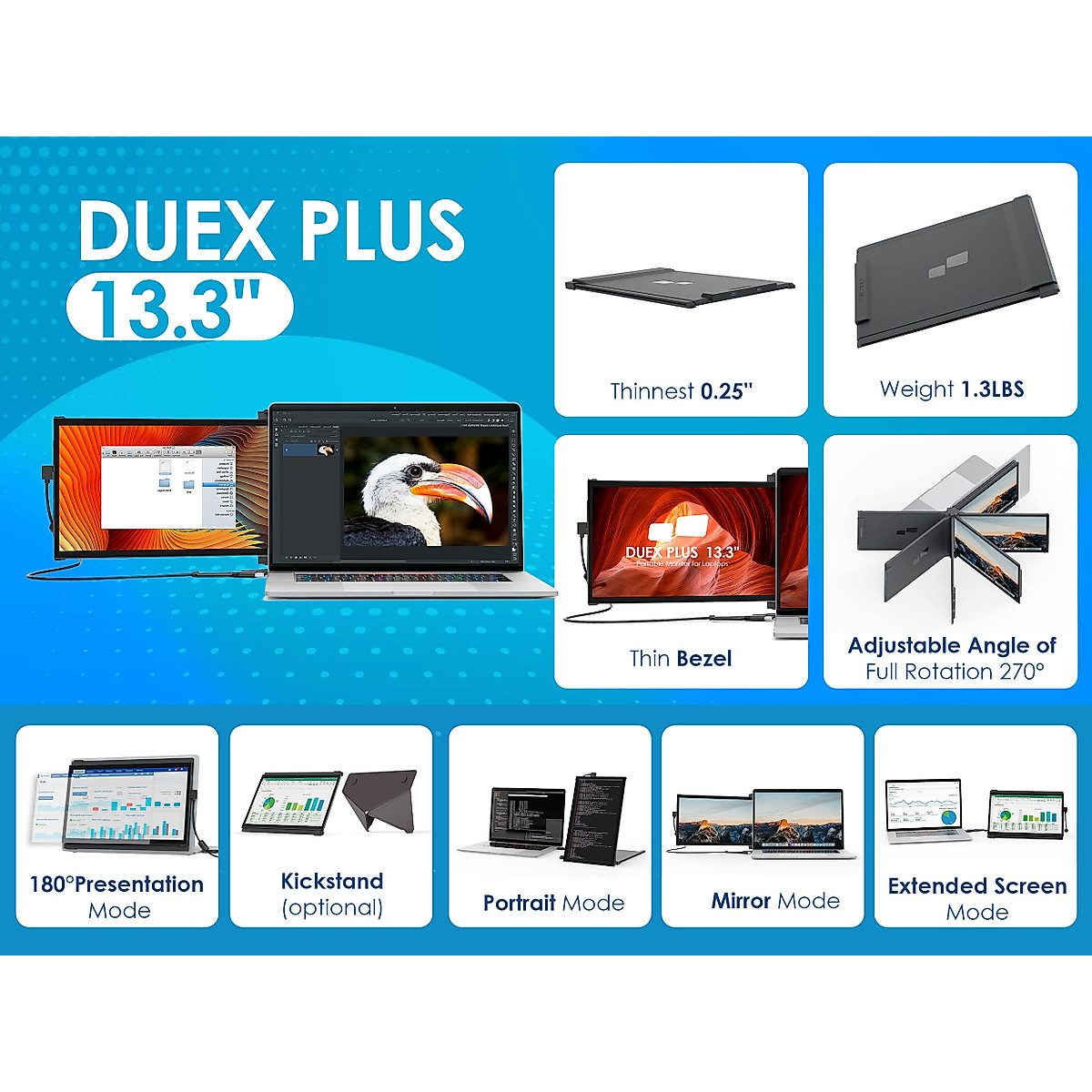 New Mobile Pixels Duex Plus Portable Monitor, 13.3" Full HD 1080P IPS Dual Laptop Monitor, USB C/USB A Plug and Play Portable Display,Windows,Mac,Android,Switch Compatible