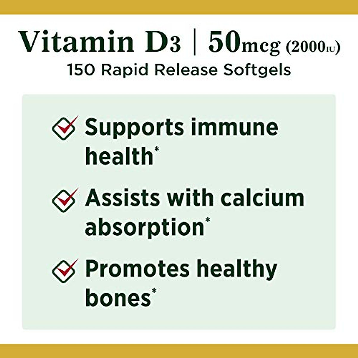Vitamin D by Nature's Bounty, Supports Immune Health & Bone Health, 2000IU Vitamin D3, 150 Softgels ,150 Count (Pack of 1)