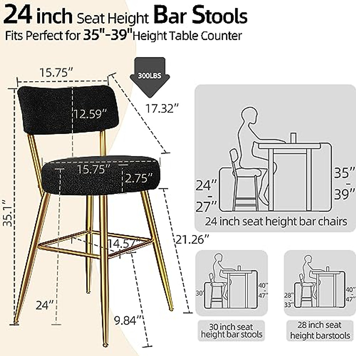 Sucrever 24” Boucle Bar Stools Set of 6, Counter Height Bar Stools with Back, Sherpa Barstools with Golden Metal Legs/Footrest, Black Boucle Bar Chairs Bar Stools for Kitchen Island, Dining Room