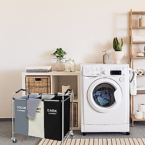 3 Section Laundry Basket Sorter,240L Laundry Blanket Cart with Wheels, 16 X 30 X 35 inch Large Laundry Hamper Bag Bin for Dirty Clothes, in Laundry Room,Bathroom, Closet Organizers & Storage- WHITE