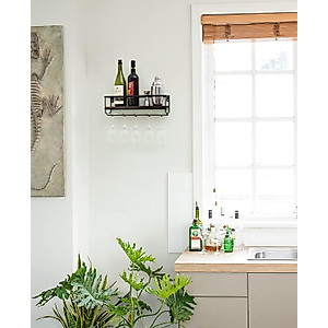 Mkono Wall Mounted Wine Rack - Bottle & Glass Holder Wood Rustic Floating Racks with Stemware Hanger Modern Plants Photos Wine Bottles Display Wall Storage Shelf for Kitchen Dining Room Home Bar