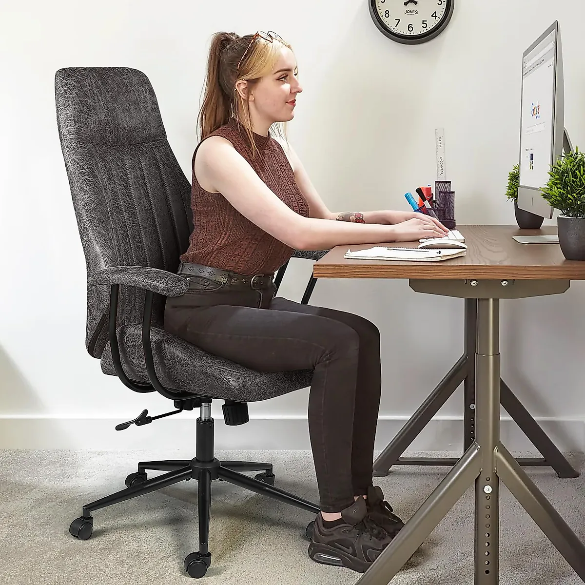 VITESSE Ergonomic Home Office Desk Chair Modern Leather Computer Chairs, High Back Lumbar Support Suede Fabric Executive Height Adjustable Rolling Swivel Task Chair with Padded Armrest (Dark Grey)