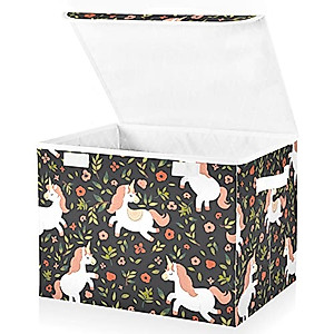 SUABO Cute White Unicorns Flowers Storage Bin with Lid Large Oxford Cloth Storage Boxes Foldable Home Cube Baskets Closet Organizers for Nursery Bedroom Office