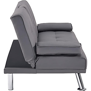 Naomi Home Transform Your Living Space with Comfort Gray Futon Sofa Bed with Armrest, Cupholders, & Reclining Function, Ideal for Cozy Living Rooms! Sofa Bed Couch with Metal Legs, Faux Leather