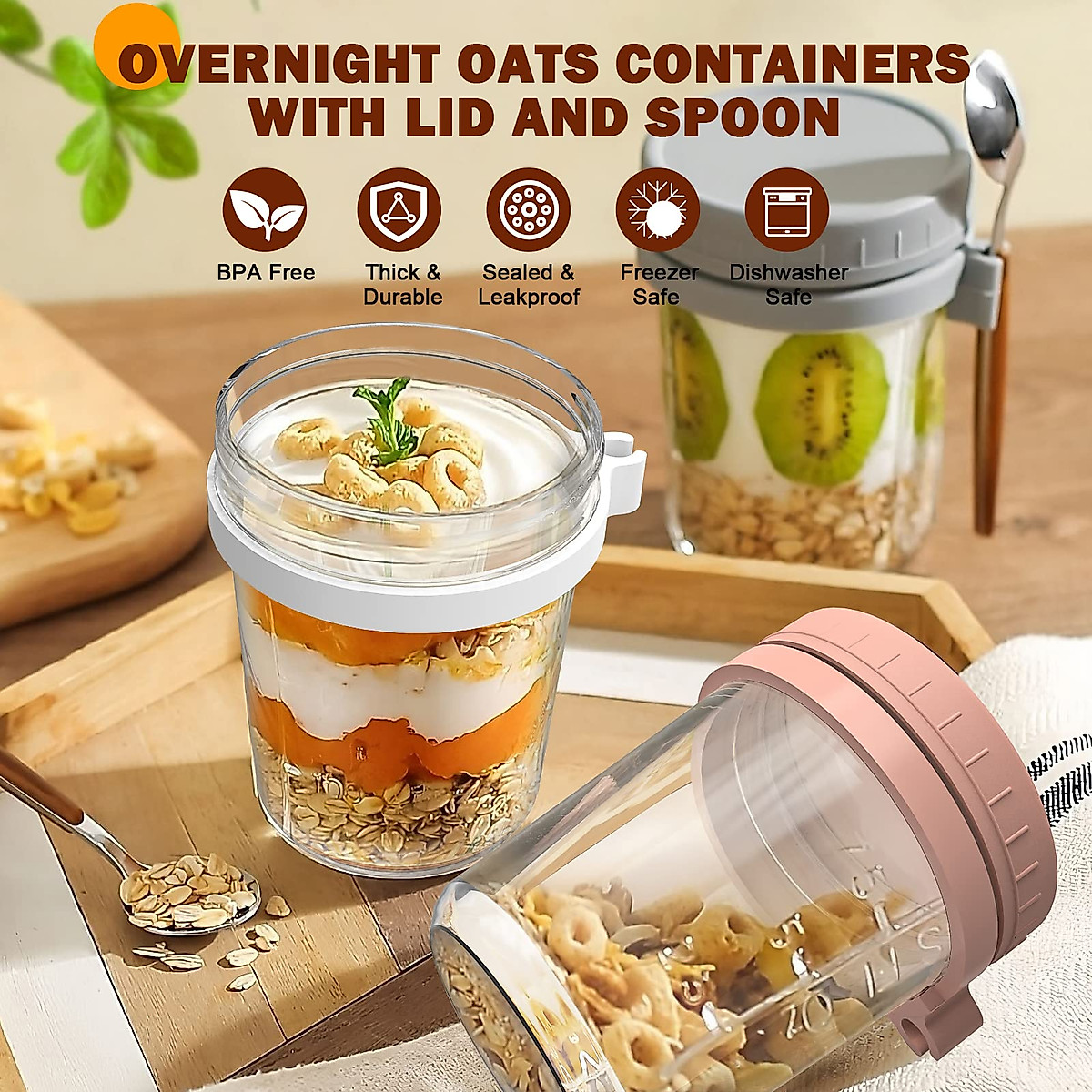 FISHOAKY 4 Pack Overnight Oats Containers with Lids and Spoons, 12 oz Glass Mason Jars for Overnight Oats with Measurement,Overnight Oats Jars Airtight Jars for Milk, Cereal, Fruit, Yogurt and More