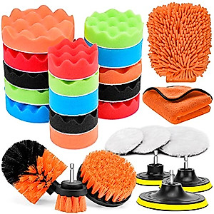 Aucurwen Buffing Polishing Pads, 26Pcs 3" 4" 5" Car Detailing Kit, Car Foam Drill Polishing Pad Kit, Drill Brush Attachment, Car Polisher and Buffer for Detailing, Body Repair, Drill