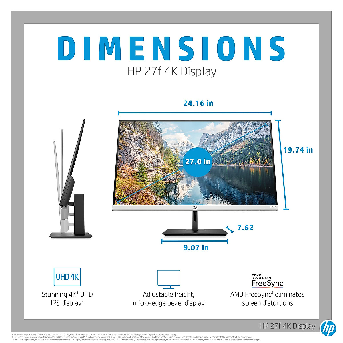 HP 27-inch Monitor with Height Adjust (27f 4K, Natural Silver and Black)
