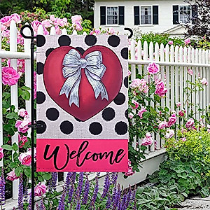 Welcome Valentines Day Garden Flag, hogardeck 12.5x18 Inch Vertical Double Sided Potka Dot Heart Yard Flag, Farmhouse Rustic Outdoor Valentines Day Decor
