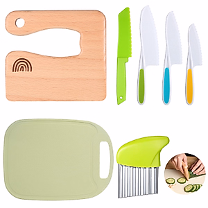 7 Pieces Wood Kids Kitchen Knife Toddler Knife Set Includes Wooden Kids Knife Serrated Edges Plastic Cooking Knives Green Cutting Board Vegetable Crinkle Cutter Cooking Utensils for Kids Home Supplies