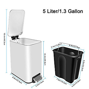 H+LUX Small Garbage Can with Soft Close Lid,Slim Trash Can for Bathroom,Office,Bedroom,5L/1.3Gal,White
