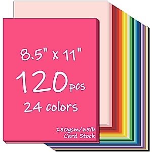 120 Sheets Colored CardStock, 180gsm/65lb 24 Colors Cardstock Print Paper 8.5 x 11 Inches, Double Sided Printed Card Stock Paper for Scrapbook School Office Printing DIY Craft