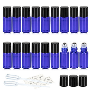 ZEJIA 3ml Roller Bottles 24Pack Cobalt Blue Thick Glass Essential Oil Roller Bottles Stainless Steel Roller Ball with 2 Droppers