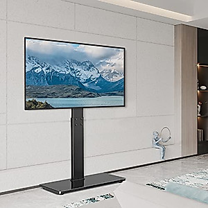 Universal Floor TV Stand Base with Swivel Height Adjustable Mount for 32 37 43 47 50 55 60 65 70 Inch Plasma LCD LED OLED Flat or Curved Screen TVs, Black Tempered Glass Base for Media Storage