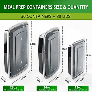 NutriBox [30 Pack] Meal Prep Containers in 3 Sizes 12, 24, 28 oz, Durable, Stackable, Reusable, BPA Free, Microwaveable, Dishwasher, Freezer Safe, Bento Box, Food Storage Set
