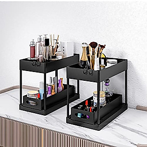 KMIGRUAN Under Sink Organizers and Storage,2 Tier Kitchen and Bathroom Organizer Under Sink Shelf，Multi-function with Hook Under Cabinet Organizer