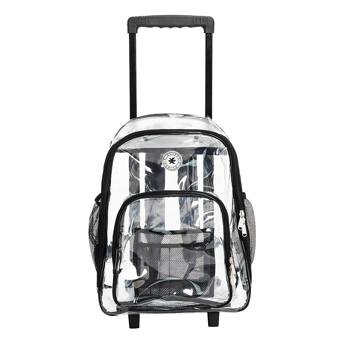 K-Cliffs Rolling Clear Backpack Heavy Duty Bookbag Quality See Through Workbag Travel Daypack Transparent School Book Bags with Wheels Black