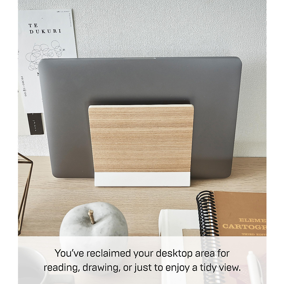 Yamazaki Home Rin Portable Laptop Holder Stand for Desk in Bedroom Or Office, Wooden Storage Station - Steel + Wood