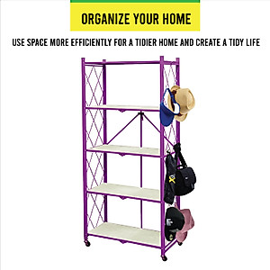 Letusto Foldable Collapsible Shelf with Wheels & Breaks - Folding Shelf Heavy Duty Metal Frame Pantry Shelving Unit - Origami Bookcase - No Assembly Bookshelf (Purple, 5 Tier)