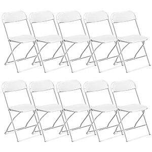 VINGLI 10 Pack White Plastic Folding Chair, Indoor Outdoor Portable Stackable Commercial Seat with Steel Frame 350lb. Capacity for Events Office Wedding Party Picnic Kitchen Dining