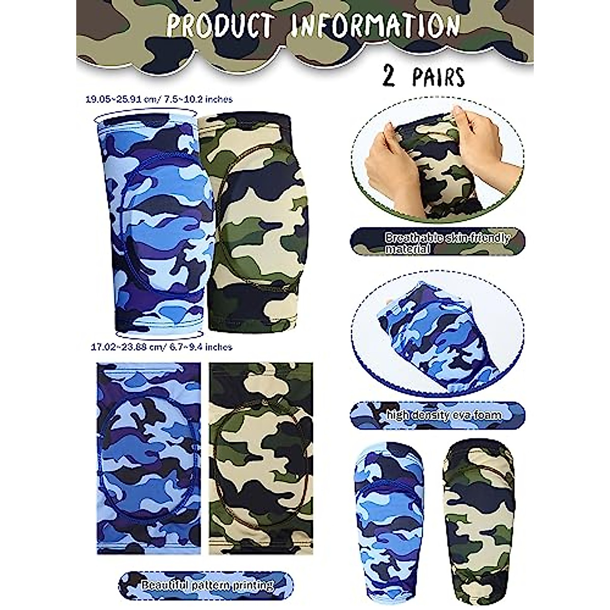 2 Pair Kids Knee Pad Camouflage Anti Slip Padded for Boy Sponge Knee Brace Breathable Flexible Toddler Knee Pads Elastic Knee Support for Boys Sport Volleyball Dance Skating Basketball, 3-7 Years