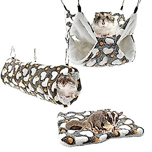 Vehomy 3Pcs Sugar Glider Hamster Hammock Hanging Tunnel and Warm Bed Soft Mat Set for Small Animals Hanging Hammock Cage Accessories Hideout Swing for Squirrel Ferret Rat Chincilla Guinea Pig