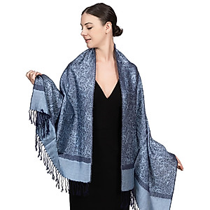 Achillea Two Tone Vintage Jacquard Paisley Pashmina Shawl Wrap Scarf (Steel Blue)