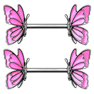 14GA 316L Stainless Steel Hot Pink Butterfly Ends Nipple Barbells, Sold as a Pair