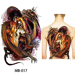 Glaryyears Super Large Full Back Covered Temporary Tattoo, 3 Pack Big Fake Realistic Tattoos Stickers for Adults Women Men, Scary Fierce Dragon Tiger Design