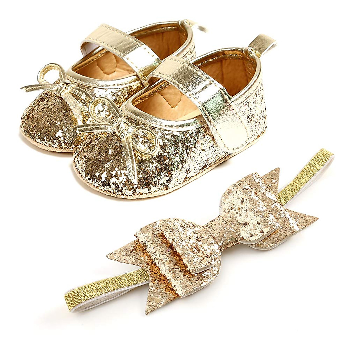 Baby Girls Mary Jane Flats with Bowknot Headband Infant Princess Dress Soft Sole Crib Shoes Non-Slip for Toddler First Walkers