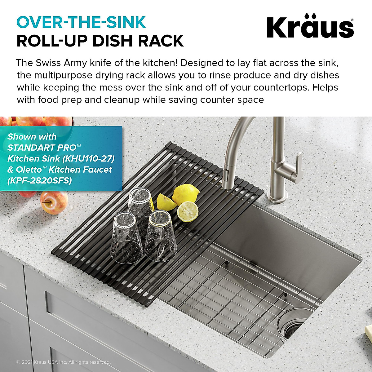 Kraus 20.5 in. Over Sink Roll Up Dish Drying Rack in Jet Black