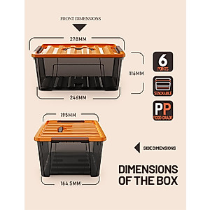 WYT 5-Quart Small Storage Container Bin with Orange Secure Lid and Black Clear Latch Buckles, Durable Plastic Stackable Nestable Organizin, 6-Pack