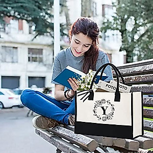SUNELGIRL Personalized Initial Canvas Bag, Beach Bag, Monogrammed Gift Tote Bag for Women, Mom, Friends, Bridesmaids (Y)