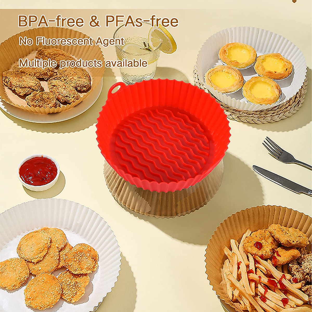 Air Fryer Liners Baking Paper Round, 203pcs Air Fryer Parchment Disposable with 7.5" Air Fryer Silicone Liner, Non-Stick Wax Paper for Air Fryer Liner, Water-proof, Oil-proof for Roasting Microwave