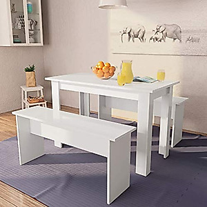 vidaXL Dining Table and Benches 3 Pieces Kitchen Indoor Furniture Set Dinette Dinner Chair Seating Eatgroup Modern Style Engineered Wood White