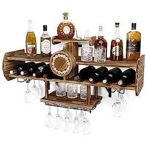 Homde Wine Rack Wall Mounted Wood,Wine Shelf with Bottle Stemware Glass Holder Rustic, Airplane Shape Multi Functional Wine Display Storage Rack for Home Bar (Light Brown)