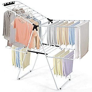 GOFLAME 2-Tier Clothes Drying Rack, Folding Laundry Dry Rack with Adjustable Supporting Bar, 26 Premium Clips, Space-Saving & Collapsible Laundry Hanger for Easy Storage, No Assembly Needed
