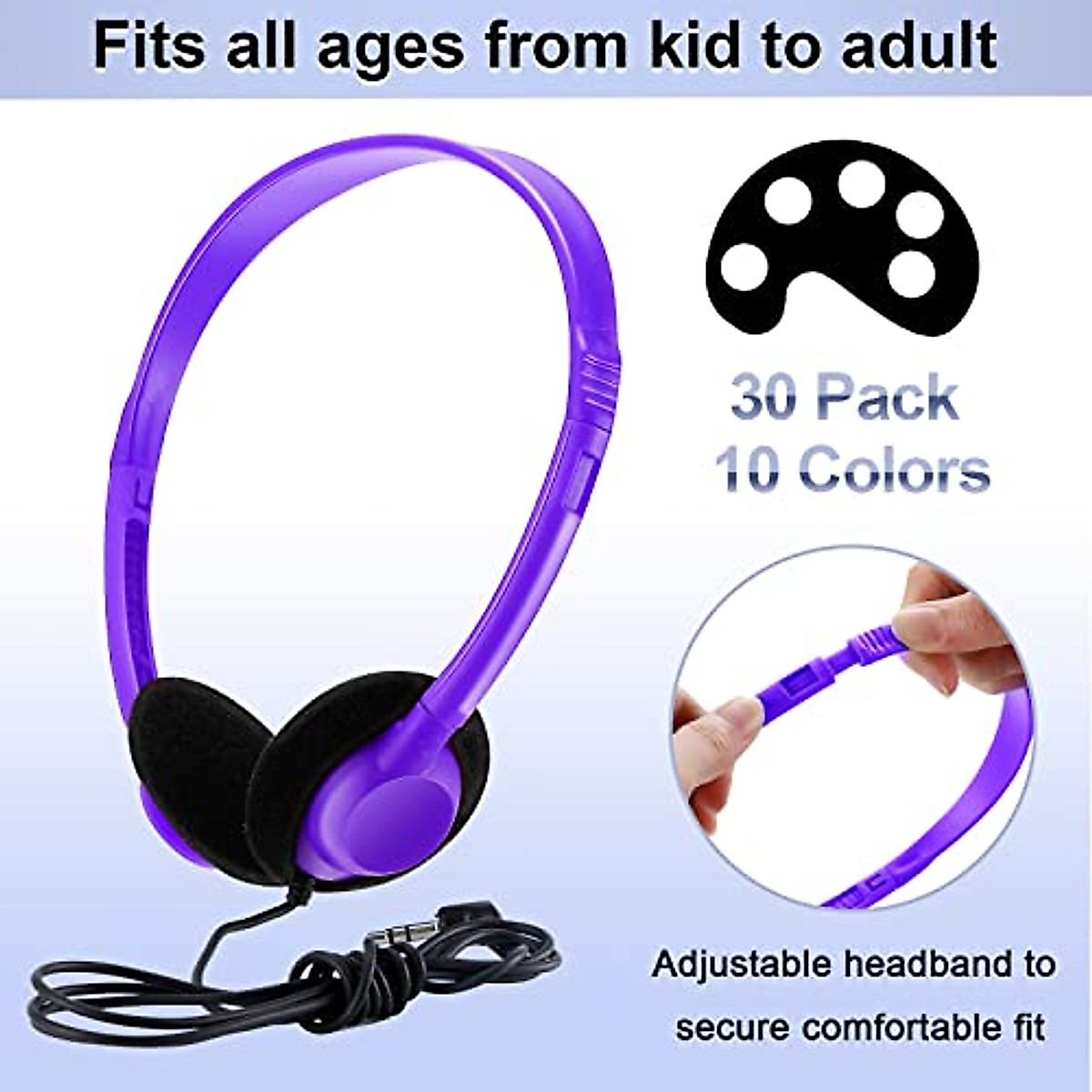 30 Pack Class Set Headphones for Kids School Earphones over Head Bulk Colored Classroom Headphones on Ear Earbuds Adjustable with 3.5 mm Jack for Libraries Students Teens Adults, Individually Wrapped