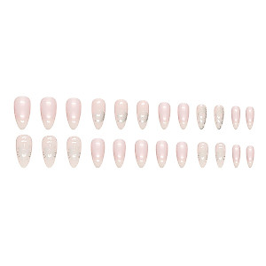 24Pcs Almond Press on Nails Medium Ombre Pink Fake Nails Gold Star Moon Nail Glossy Designs Nail Art Supplies Full Cover Artificial Nail Glue on Nails French False Nails for Women Girls Acrylic Nail