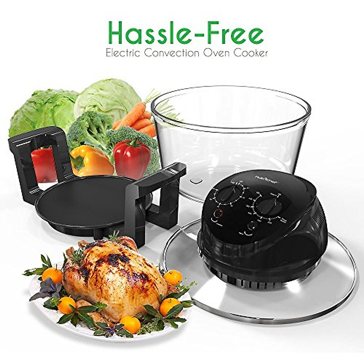 Nutrichef Convection Countertop Toaster Oven - Healthy Kitchen Glass Air Fryer Roaster Oven, Bake, Grill, Steam Broil, & Roast - Includes Glass Bowl, Broil Rack, & Toasting Rack - 18 Quart Capacity