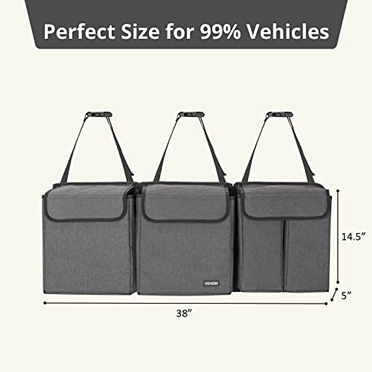 VEHEBE Trunk Organizer for Car, Large Capacity, Never floppy, Super Security Hook & Loops, Sturdy Material, Detachable Car Organizer, Insulated Bag included