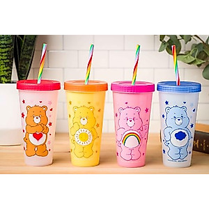 Silver Buffalo Care Bears Hearts and Stars 4 Pack Plastic Color Changing Tumblers with Rainbow Swirl Straws Featuring Tenderheart, Funshine, Cheer, and Grumpy Bear 24 Ounces