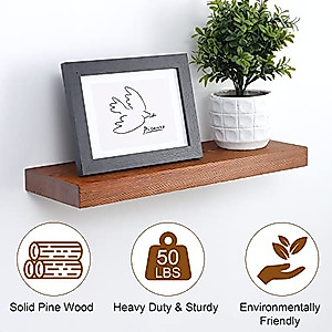 Marsmiles Floating Shelves Solid Wood Set of 2, Rustic Wood Wall Shelves, Wooden Wall Mounted Farmhouse Shelves for Bathroom Kitchen Living Room Bedroom - Light Walnut