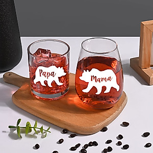 Modwnfy Mama Bear Papa Bear Whiskey ＆ Wine Glass Couples Set, New Parents Gifts, Pregnancy Announcement, New Mom ＆ New Dad Gifts, Gifts for Couples, Valentines Birthday Anniversary Baby Shower