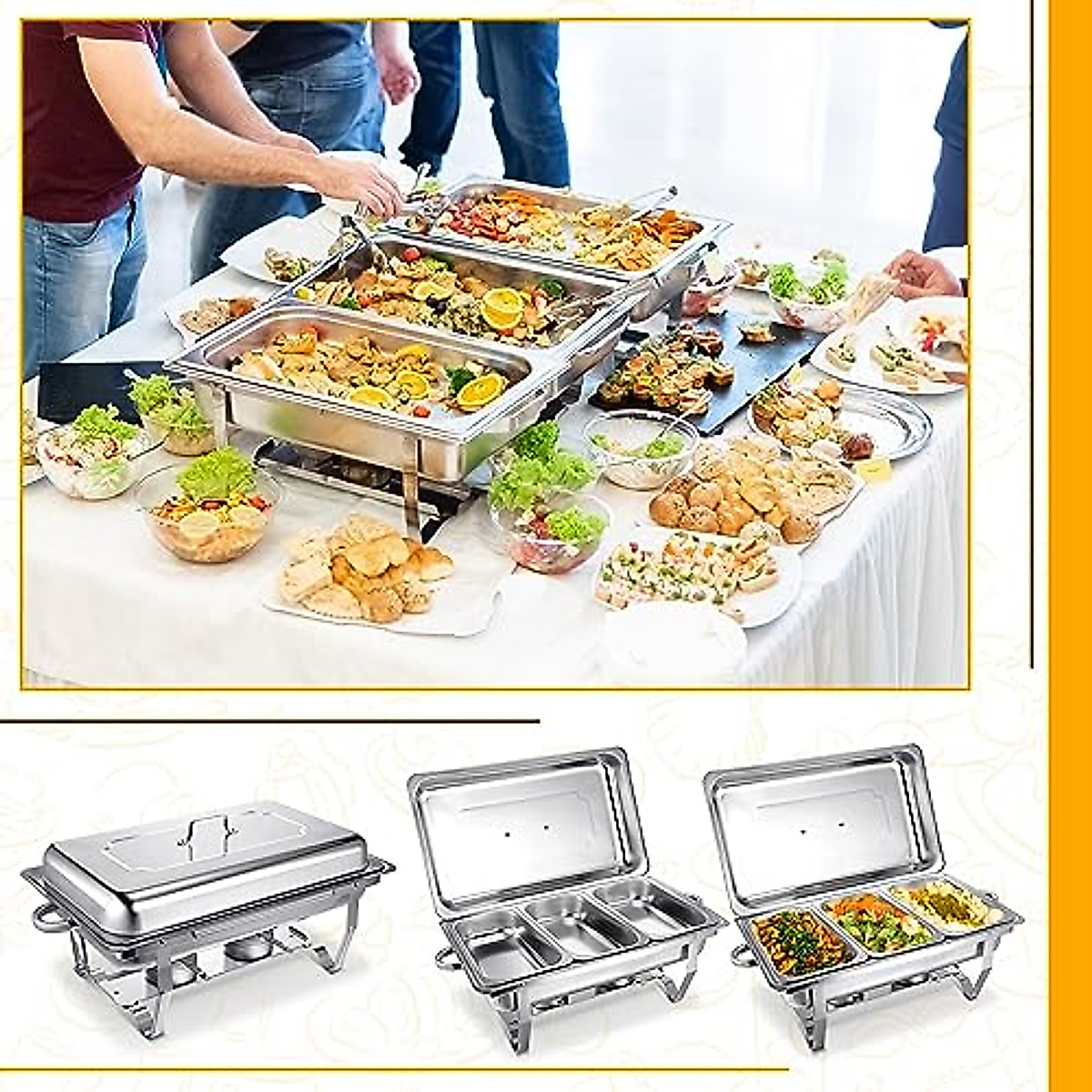 6 Pcs Chafing Dish Buffet Set 8 Qt Stainless Steel Chafer Complete Set Catering Buffet Servers and Warmers with Foldable Frame, Food Pan, Fuel Holder and Lid for Parties Banquet Wedding (3 Third Size)